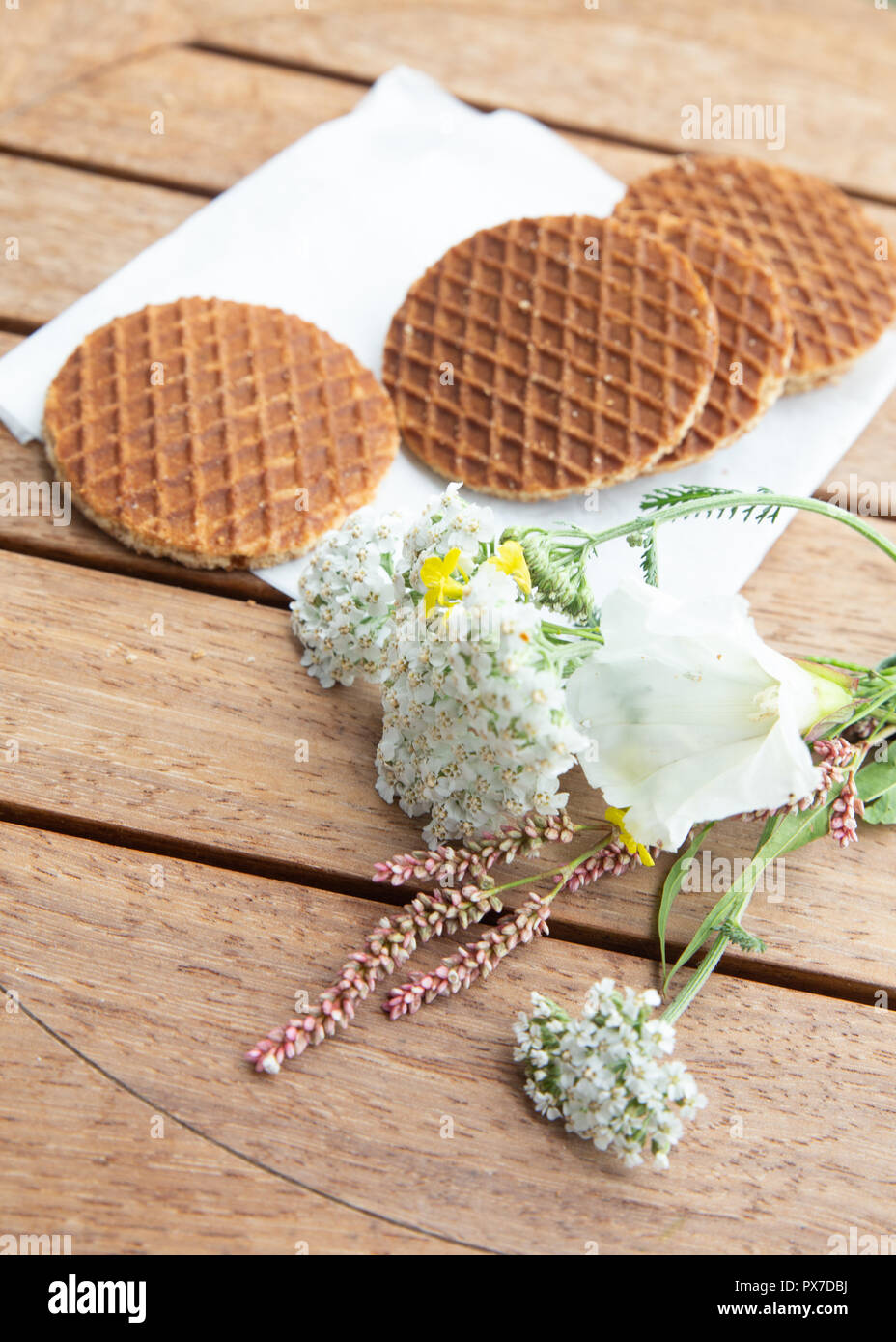Traditional Dutch Stroopwafels syrup filled waffle cookies in setting ...