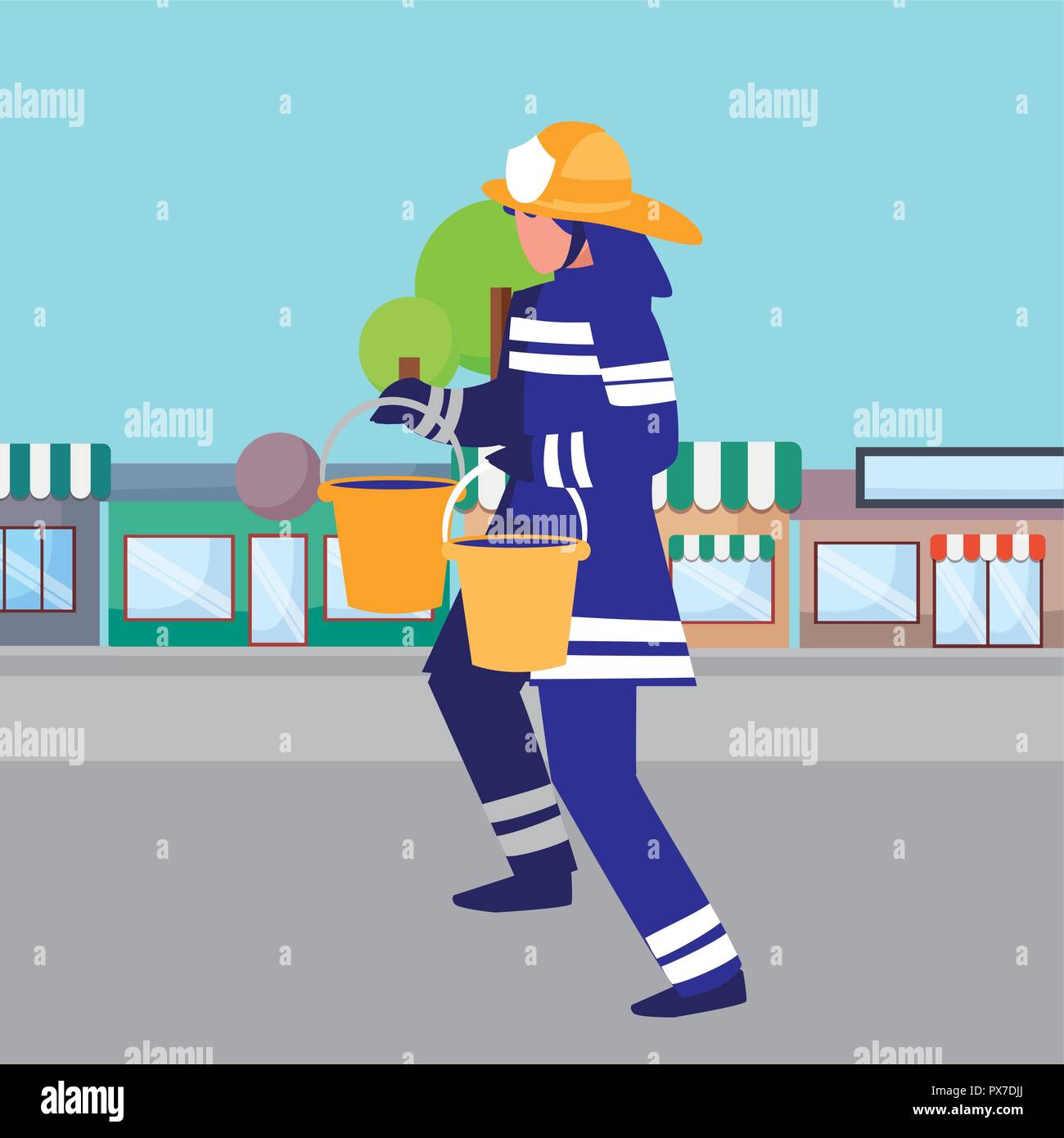 avatar fireman holding a buckets over city buildings background, vector ...
