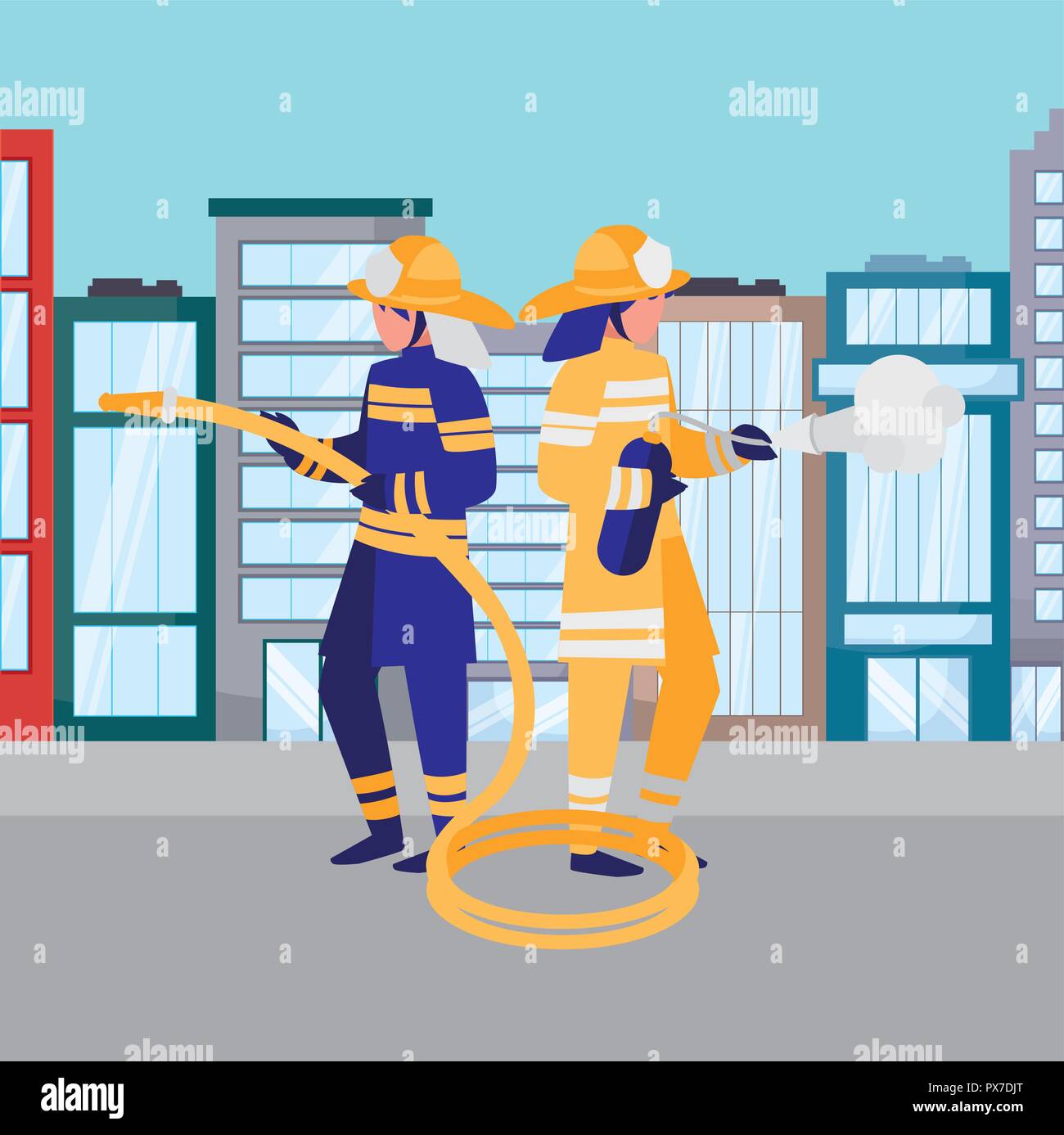 avatar firemen with hose and fire extinguiser over city buildings ...