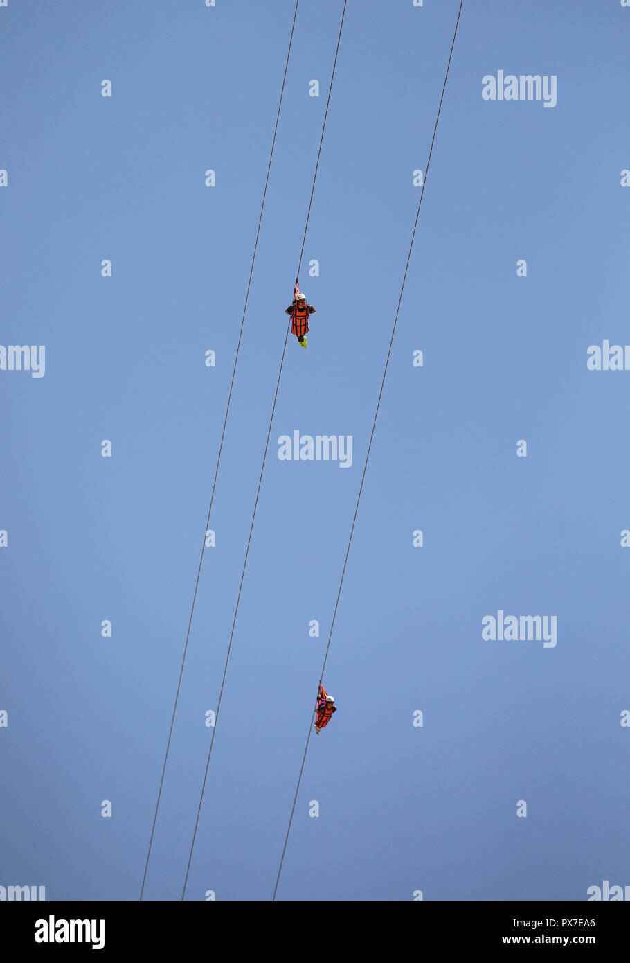 Ras Al Khaimah, UAE, 13th October, 2018: person sliding down Jebel Jais ...