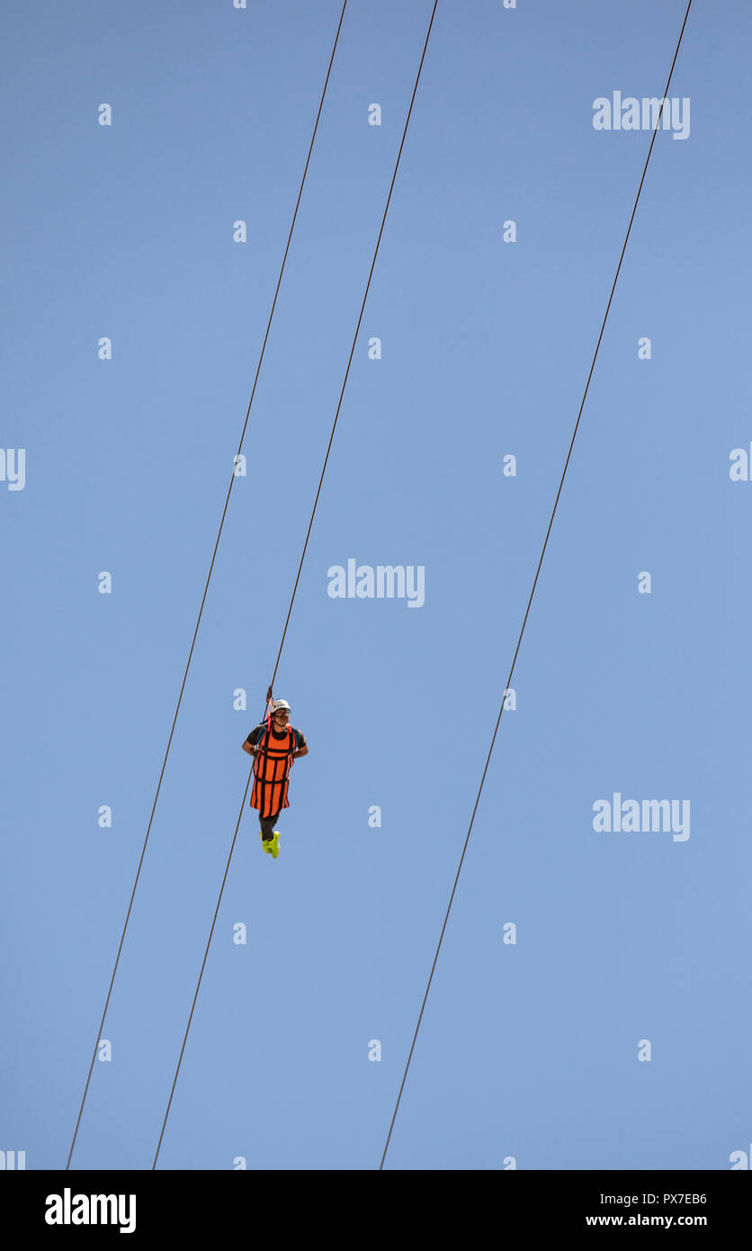 Ras Al Khaimah, UAE, 13th October, 2018: person sliding down Jebel Jais ...