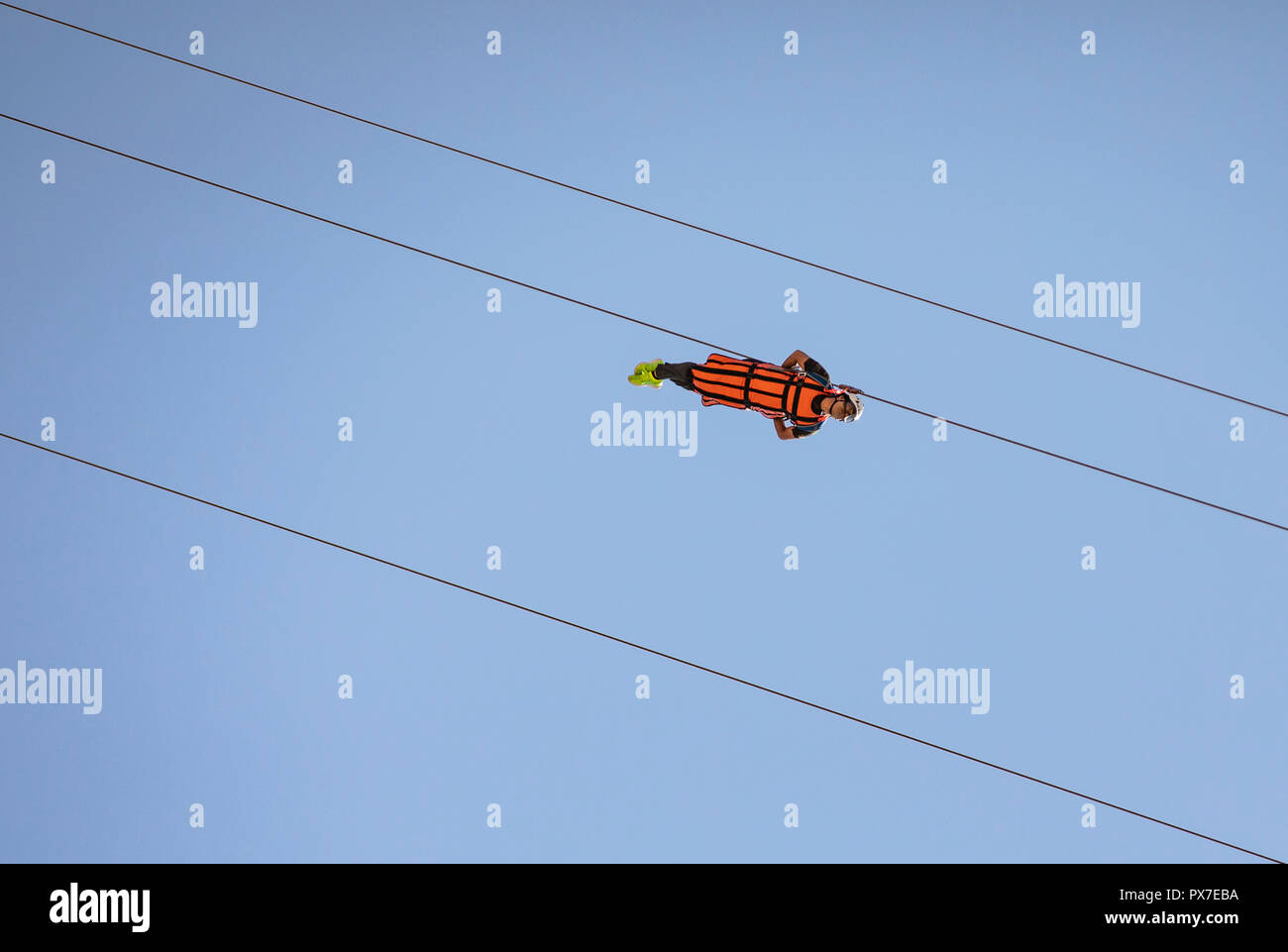 Ras Al Khaimah, UAE, 13th October, 2018: person sliding down Jebel Jais ...