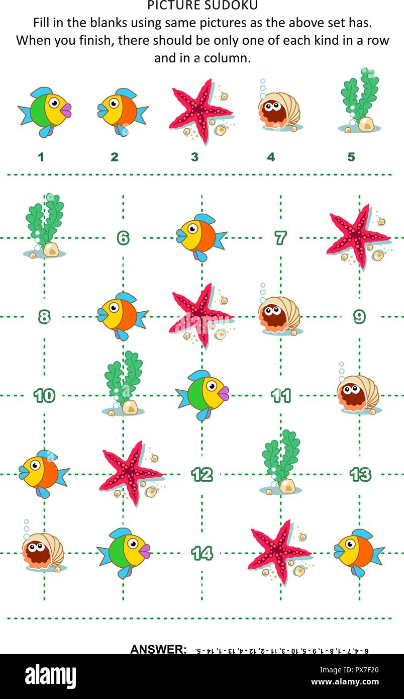 Picture sudoku puzzle 5x5 (one block) with underwater beings - fish ...