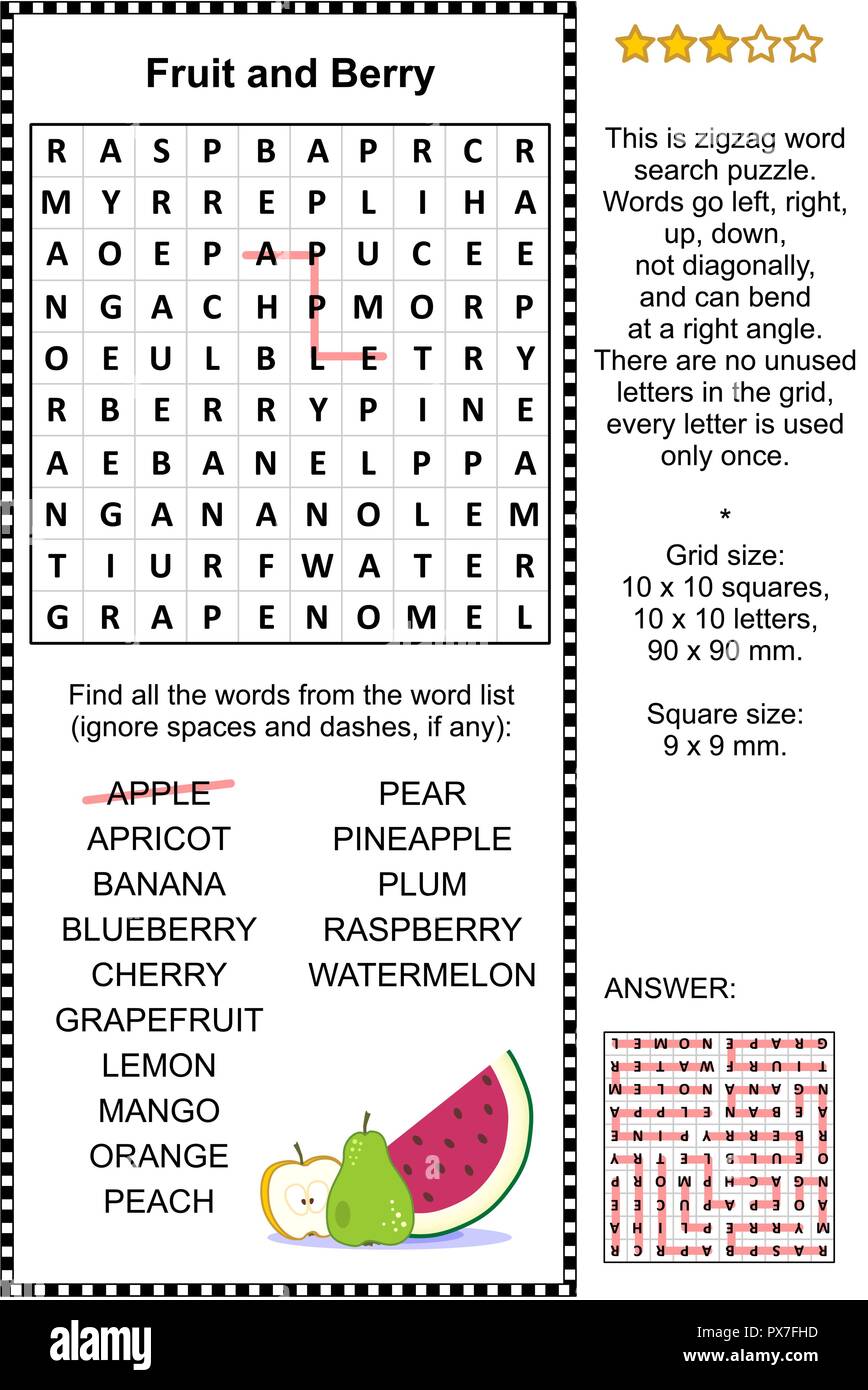 Fruit and berry themed zigzag word search puzzle (suitable both for ...