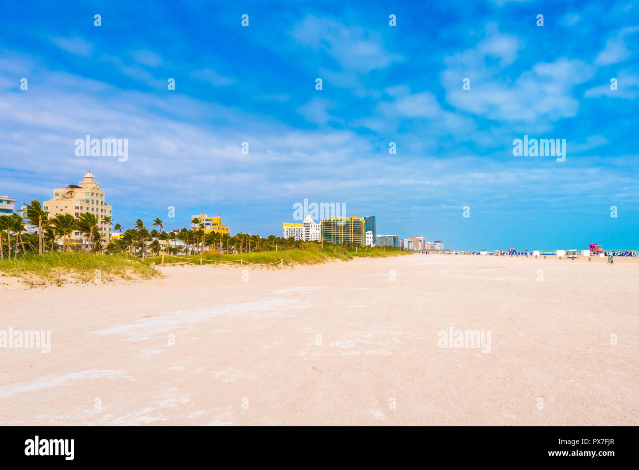 View of the sandy beach, Miami, South Florida. Copy space for text ...