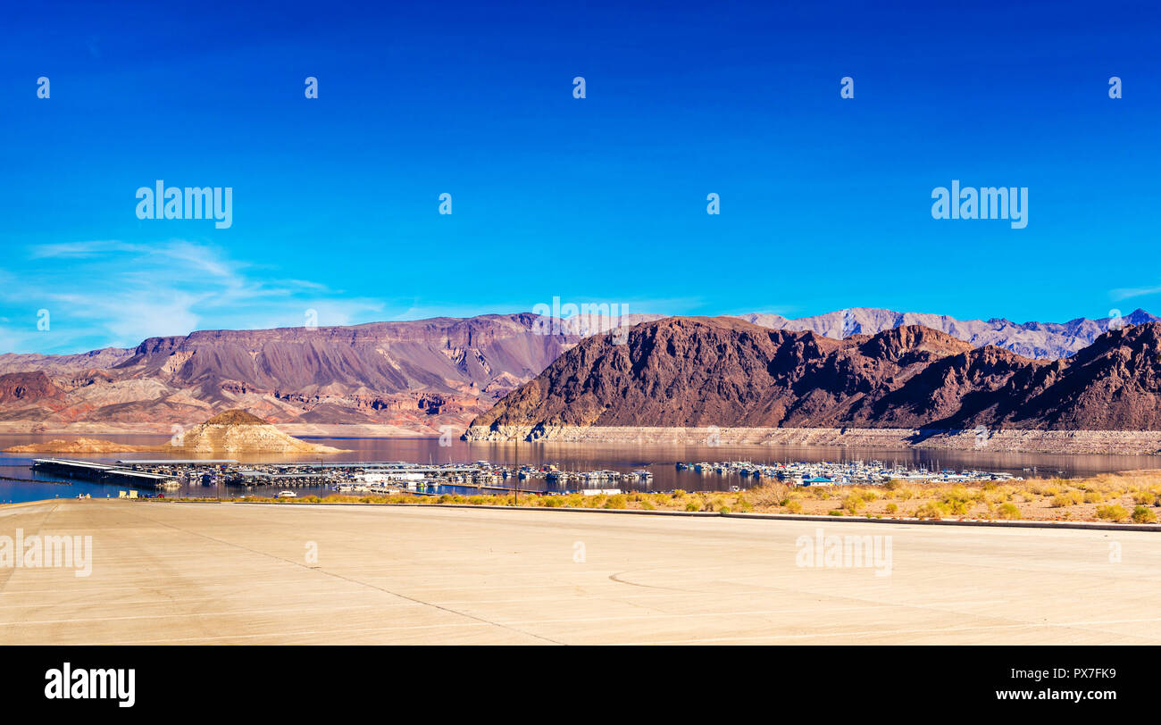 View of the port on the lake Mead, Nevada, USA. Copy space for text ...
