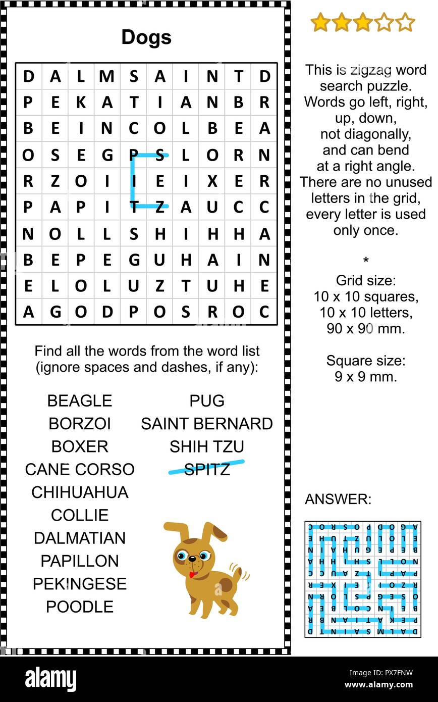 Dogs themed zigzag word search puzzle (suitable both for kids and ...