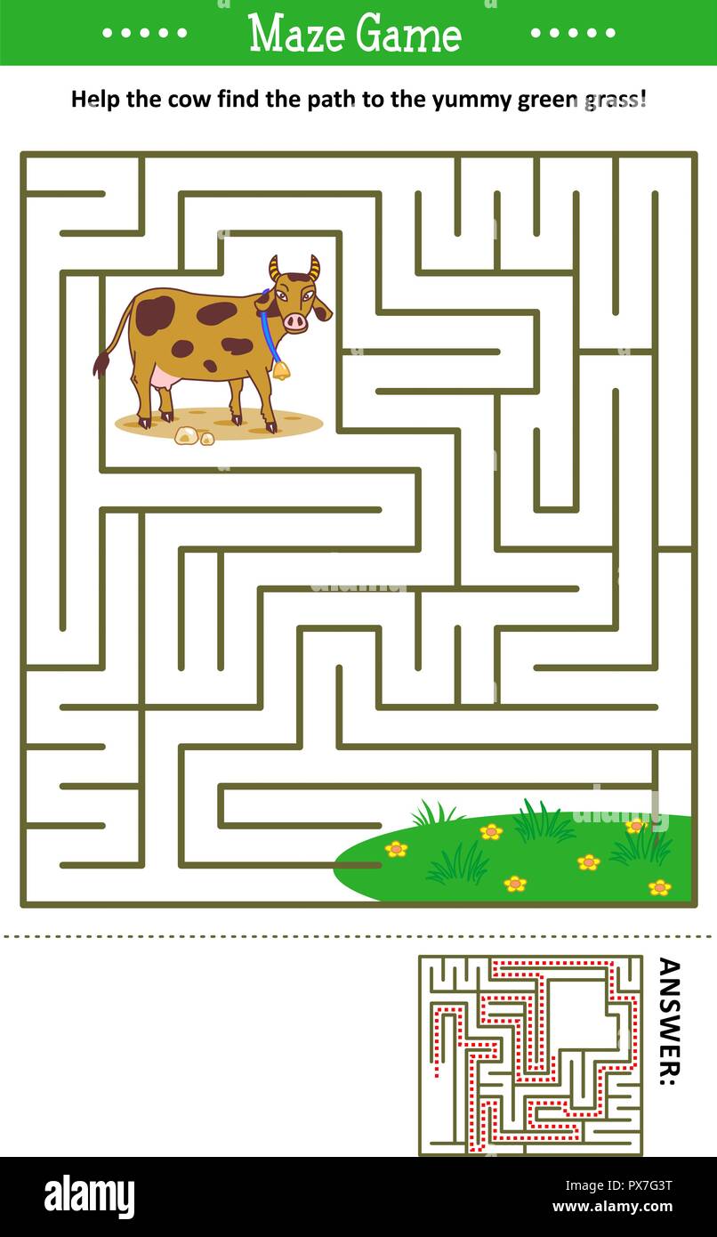 Maze game: Help the cow find the path to the yummy green grass. Answer ...