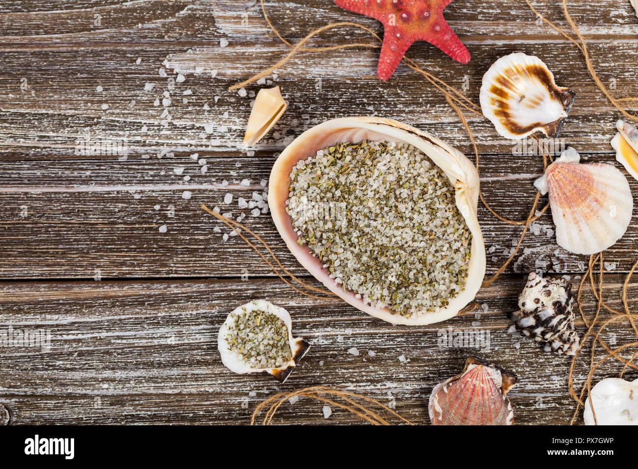 Sea Salt and Herb Seasoning on Wooden Background Stock Photo - Alamy