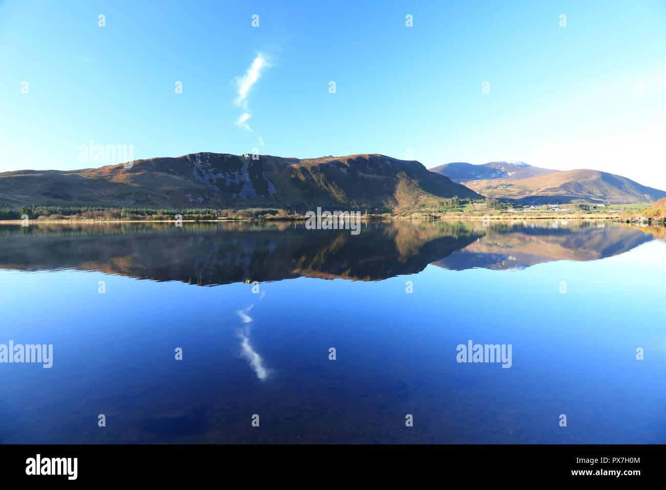 calm inland lake waters reflecting the surrounding mountains ring of ...