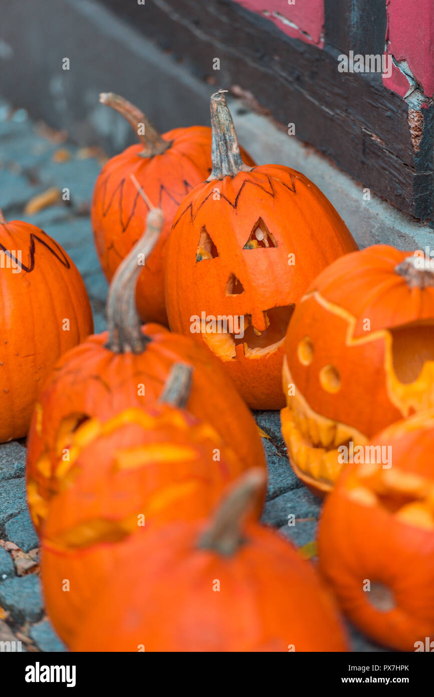 Halloween Pumpkin in an autumn still life carving and cutting in the ...