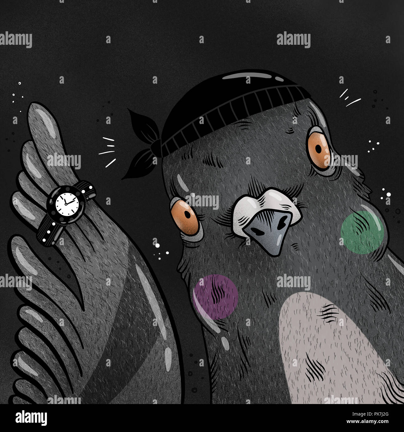 cartoon pigeon in a bandana with a clock waving his wing in surprise on ...