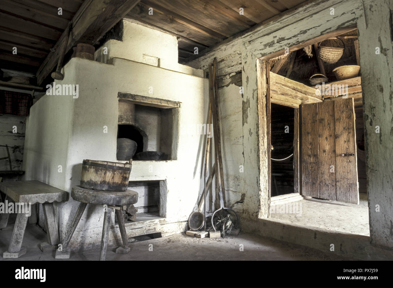 Traditional house, interior with oven, Lithuania, Vilnius area ...