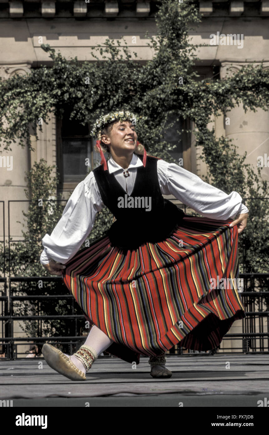 Folklore, dancer woman in trational costume, Latvia, Riga, midsummer ...