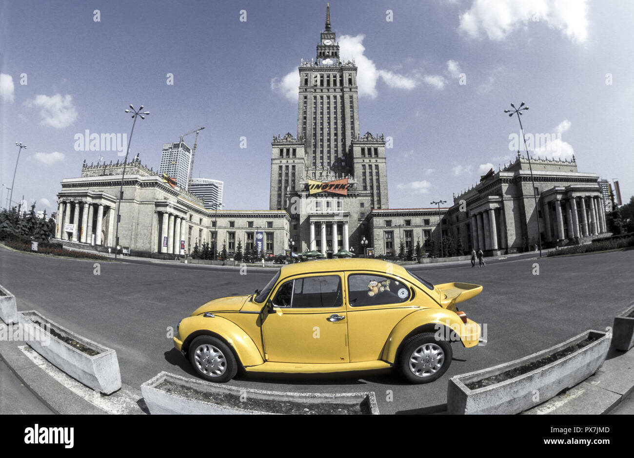 Warsaw, culture palace, yellow car, optical effect, Poland, Masowia ...