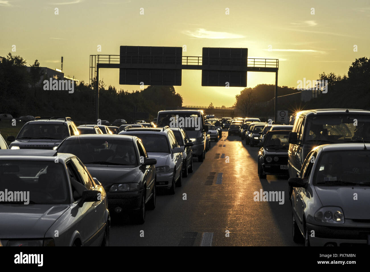 Traffic jam on highway, overhead signs, accident, Germany, Southern ...