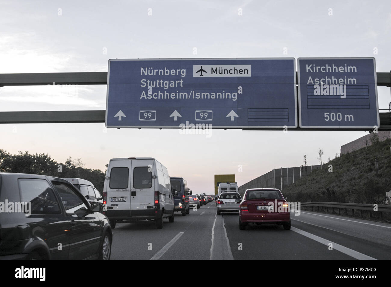 Traffic jam on highway, overhead signs, Nuernberg, Stuttgart, Germany ...