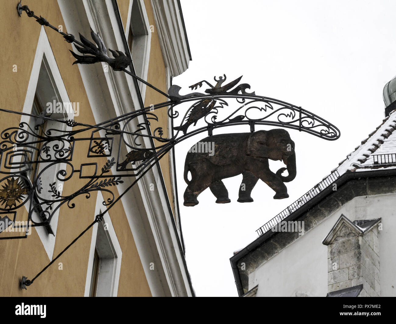 Regensburg, city view wrought-iron sign elephant, Germany, Southern ...