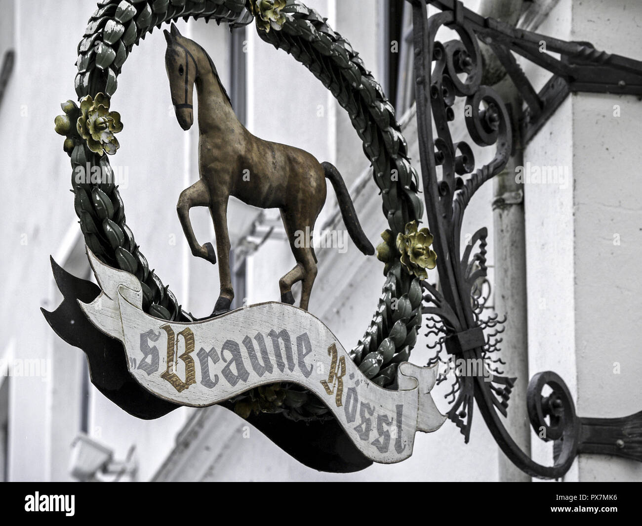 Wrought-iron sign sBraune Rössl brown steed, Germany, Southern Germany ...