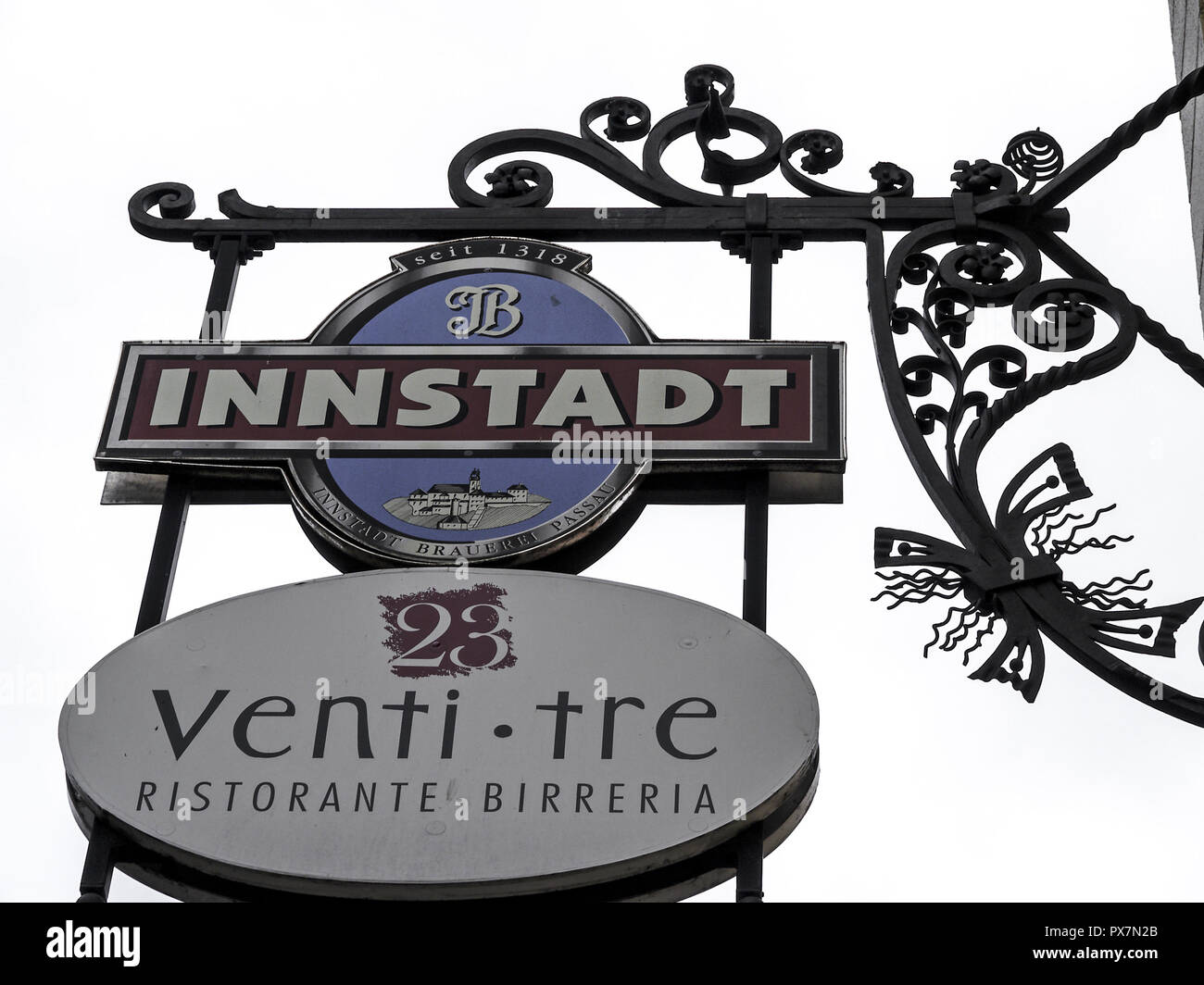University Town of Passau, wrought-iron sign Ristorante venti-tre ...