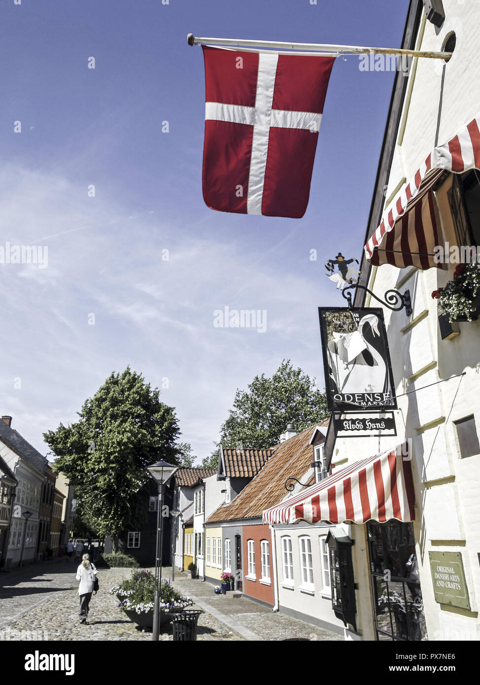 Sign with Andersens swan, danish flag, Dannebrog, Denmark, Fuenen ...