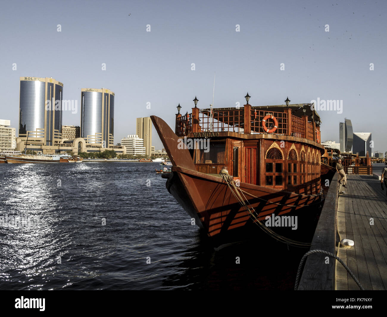 Dubai Creek, Twin Towers, traditional wooden ship, dhow, United Arab ...