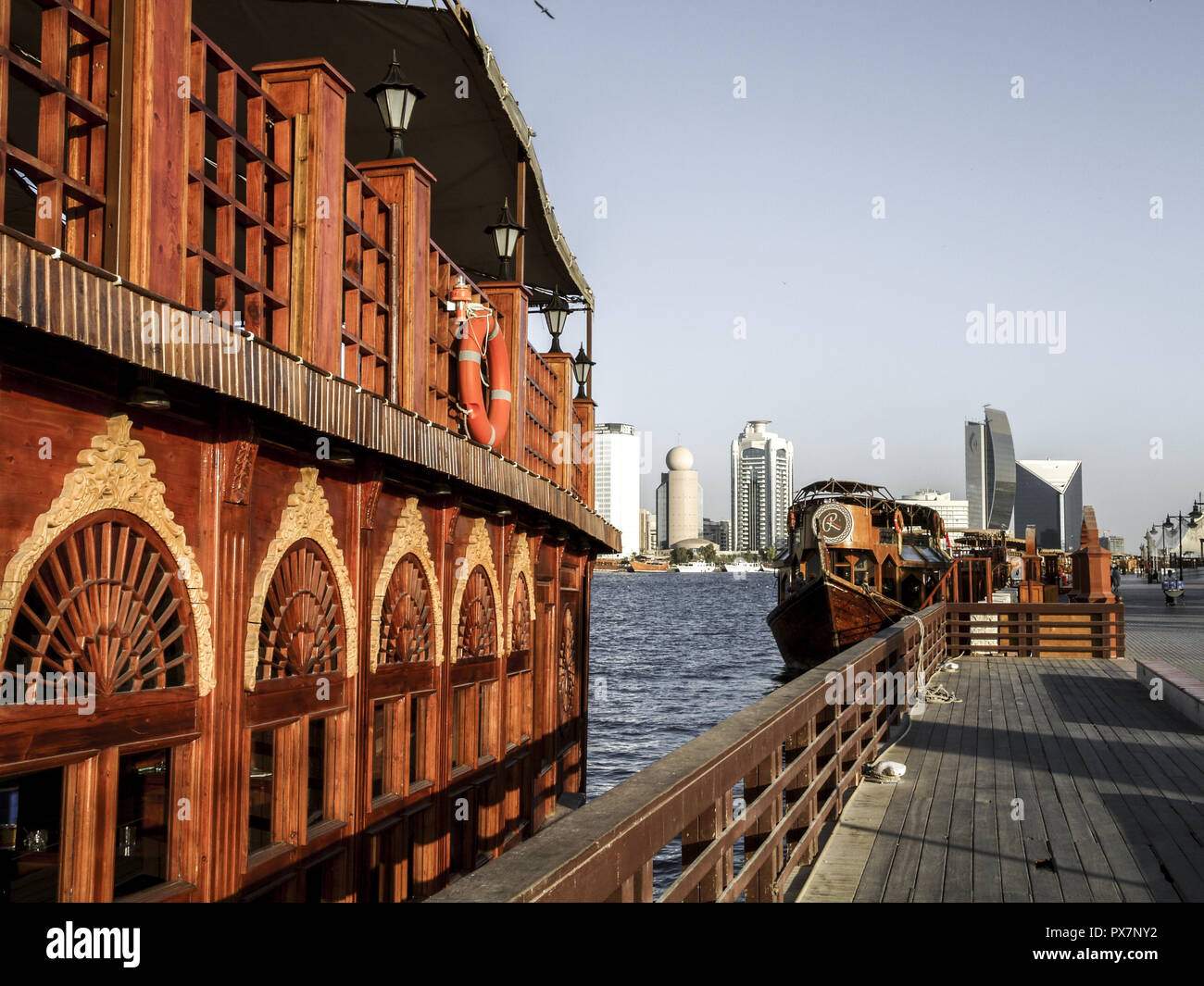 Dubai Creek, traditional wooden ship, dhow, national bank, United Arab ...
