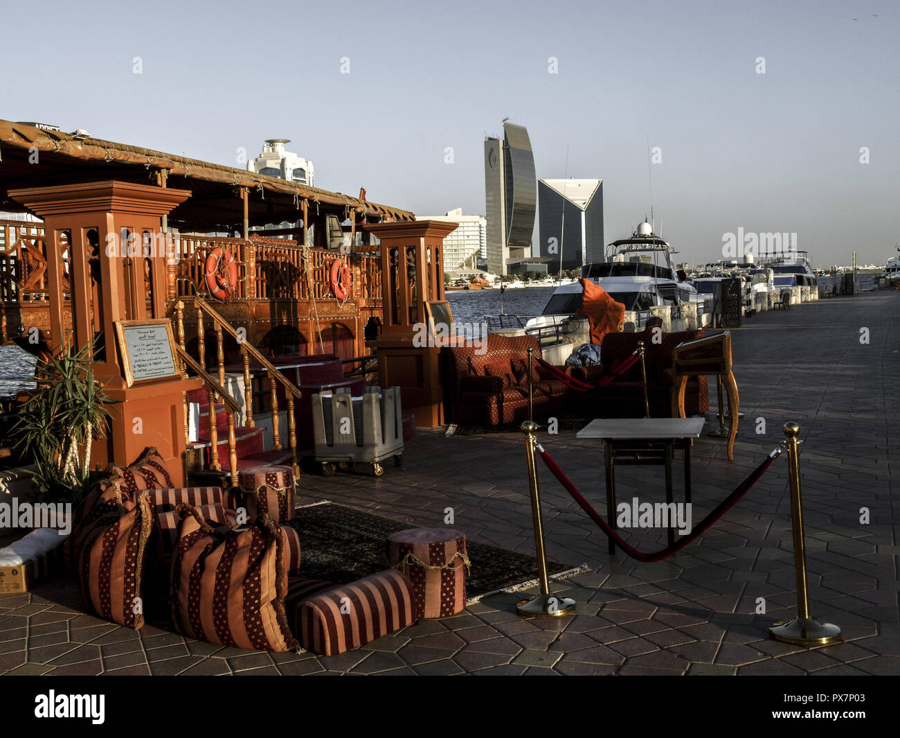 Dubai Creek, national bank, traditional wooden ship, dhow, United Arab ...