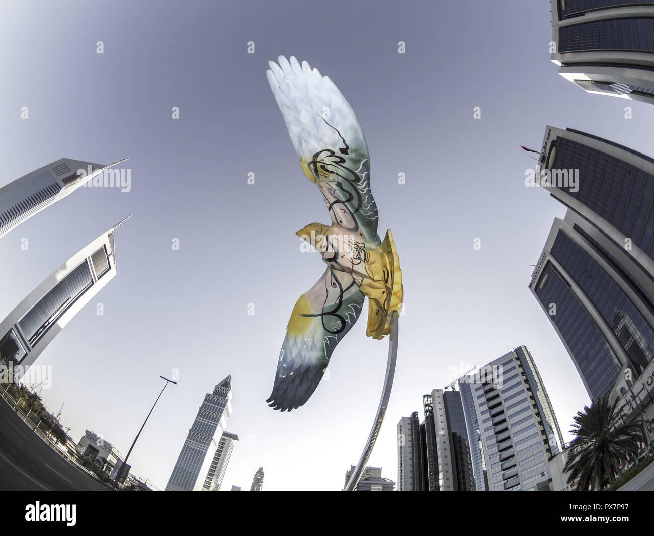 Dubai, Sheik Zayed Road, modern skyline, falcon sculpture, Emirates ...
