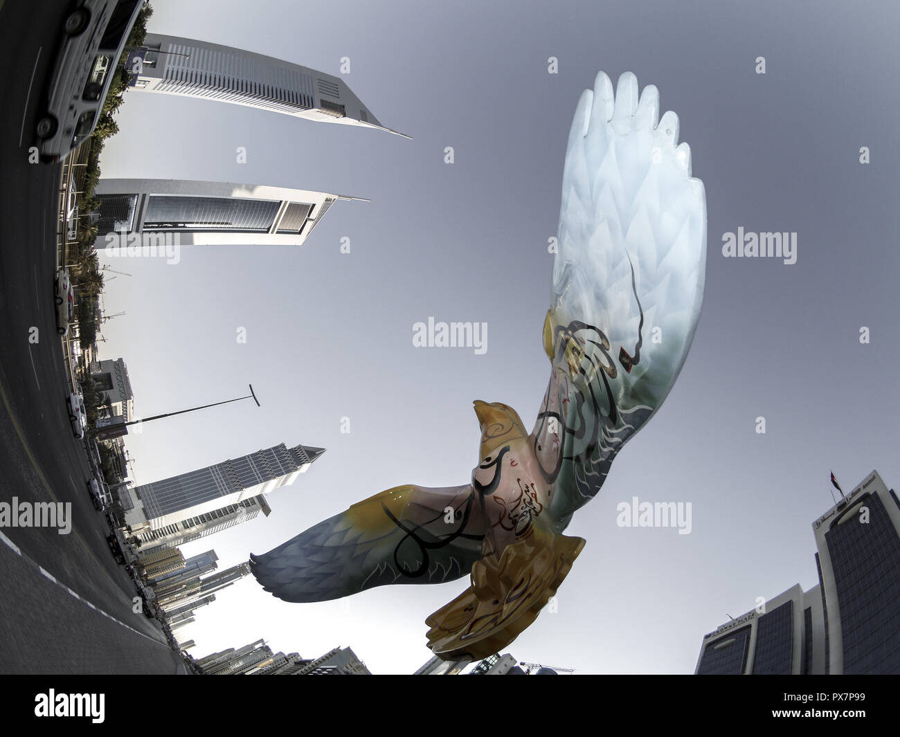 Dubai, Sheik Zayed Road, modern skyline, falcon sculpture, Emirates ...