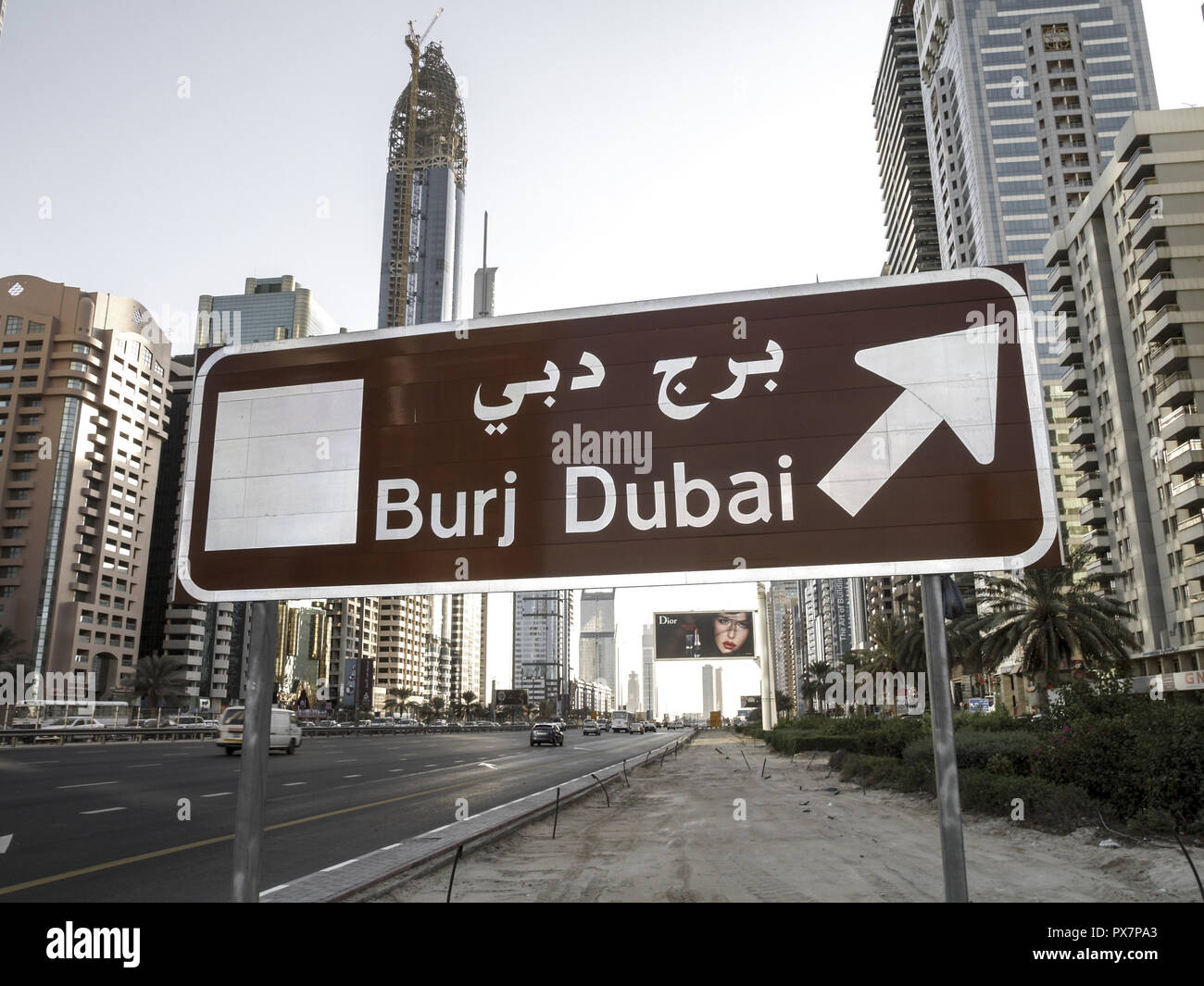 Dubai, Sheik Zayed Road, modern skyline, sign Burj Dubai, United Arab ...