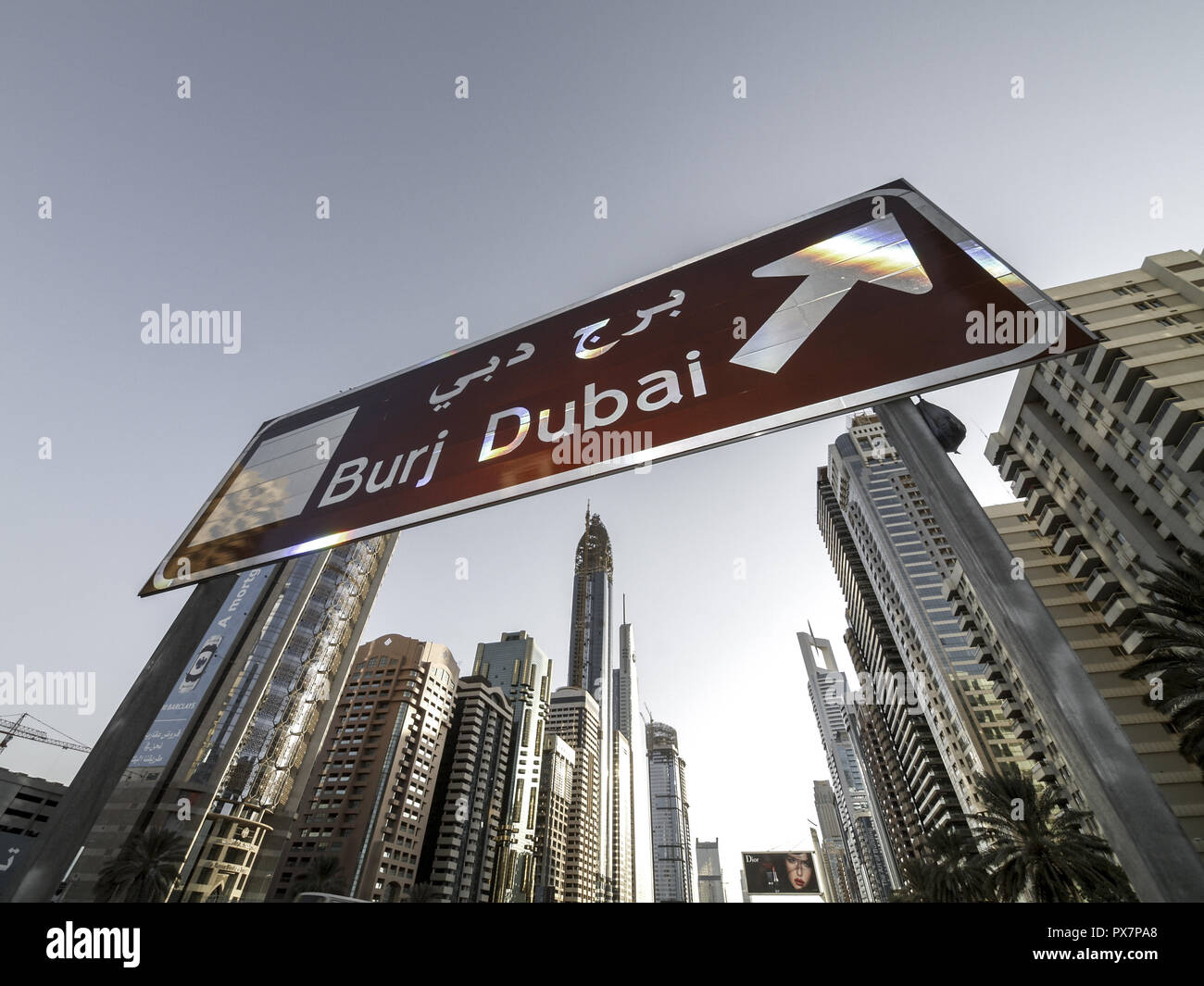 Dubai, Sheik Zayed Road, modern skyline, sign Burj Dubai, United Arab ...