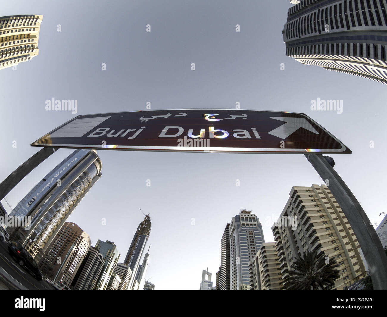 Dubai, Sheik Zayed Road, modern skyline, sign Burj Dubai, United Arab ...