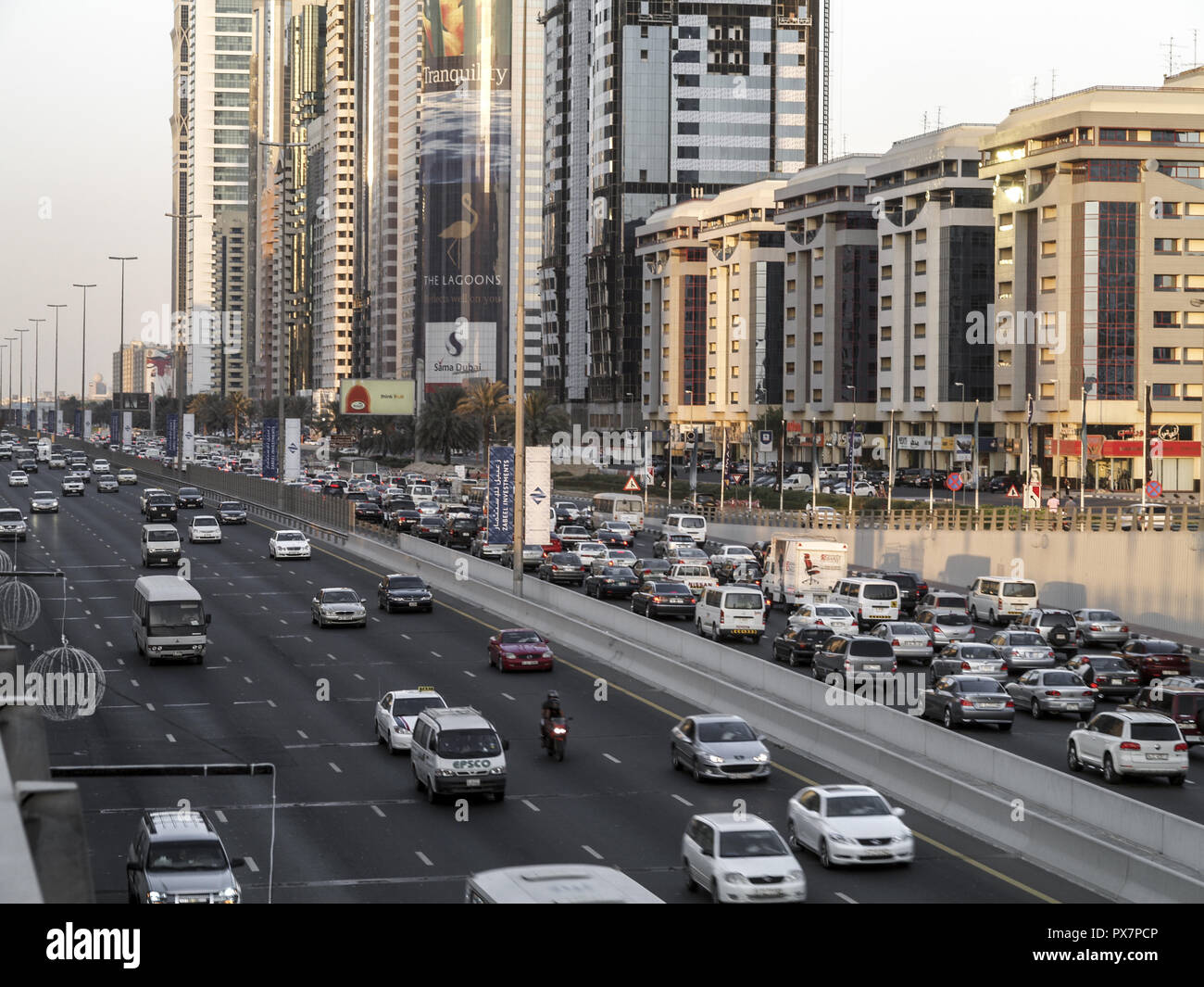 Dubai, Sheik Zayed Road, modern skyline, traffic jam, United Arab ...