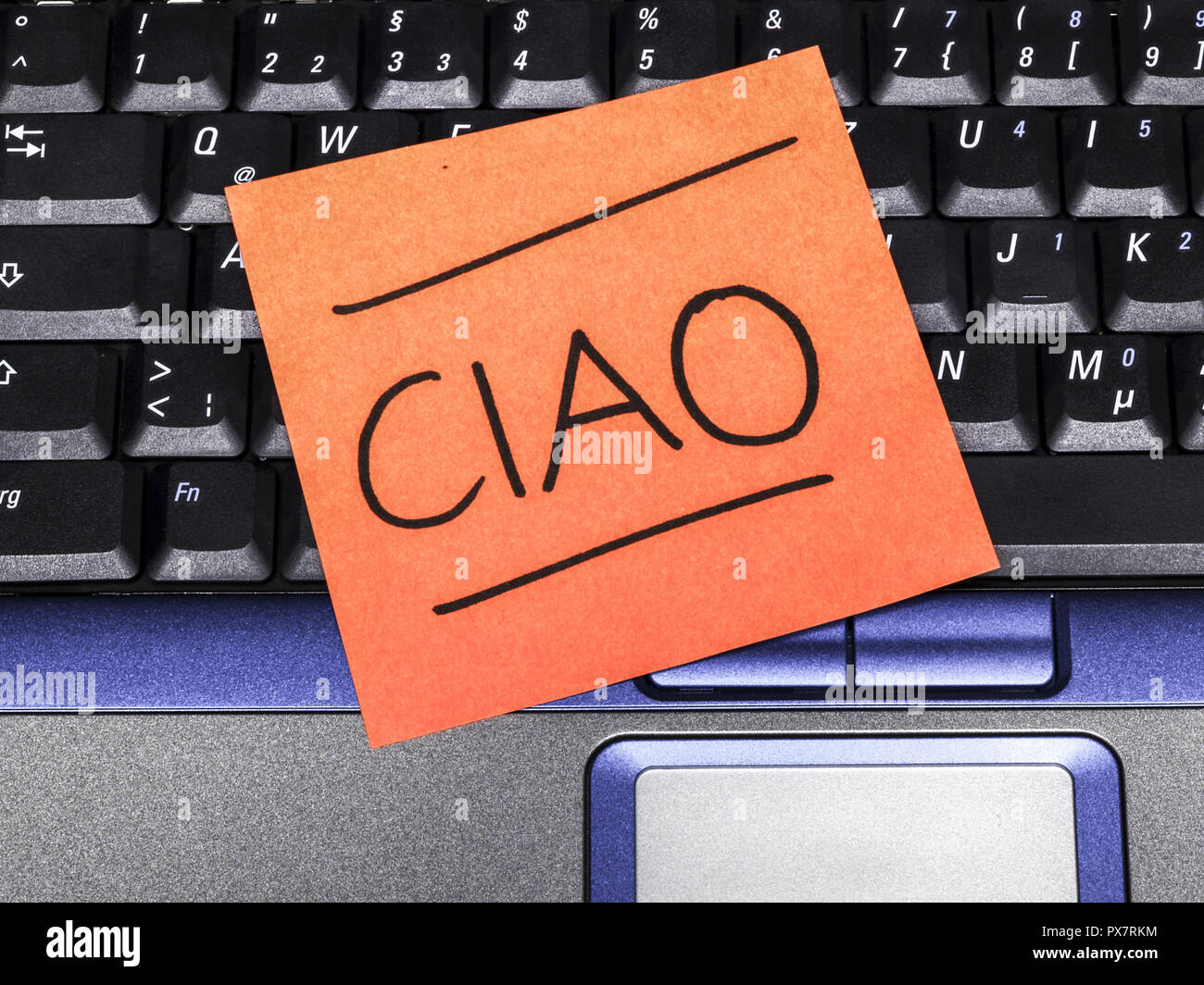 Memo note on notebook, ciao Italian bye Stock Photo - Alamy
