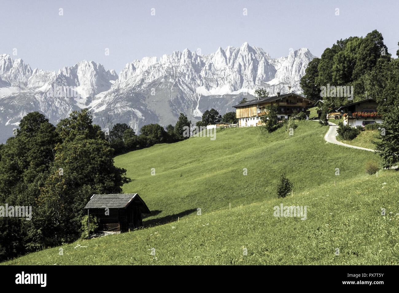 View of the Alps, traditional farm house, Austria, Tyrol Stock Photo ...