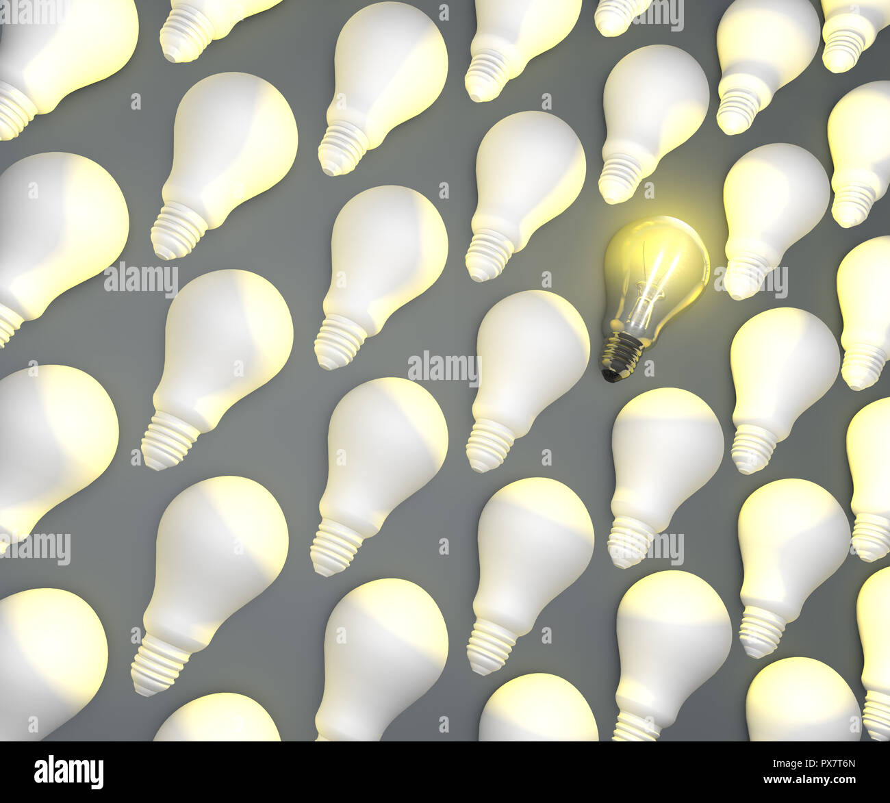 Light bulb idea, 3d. Only one glowing light bulb in a row with other ...