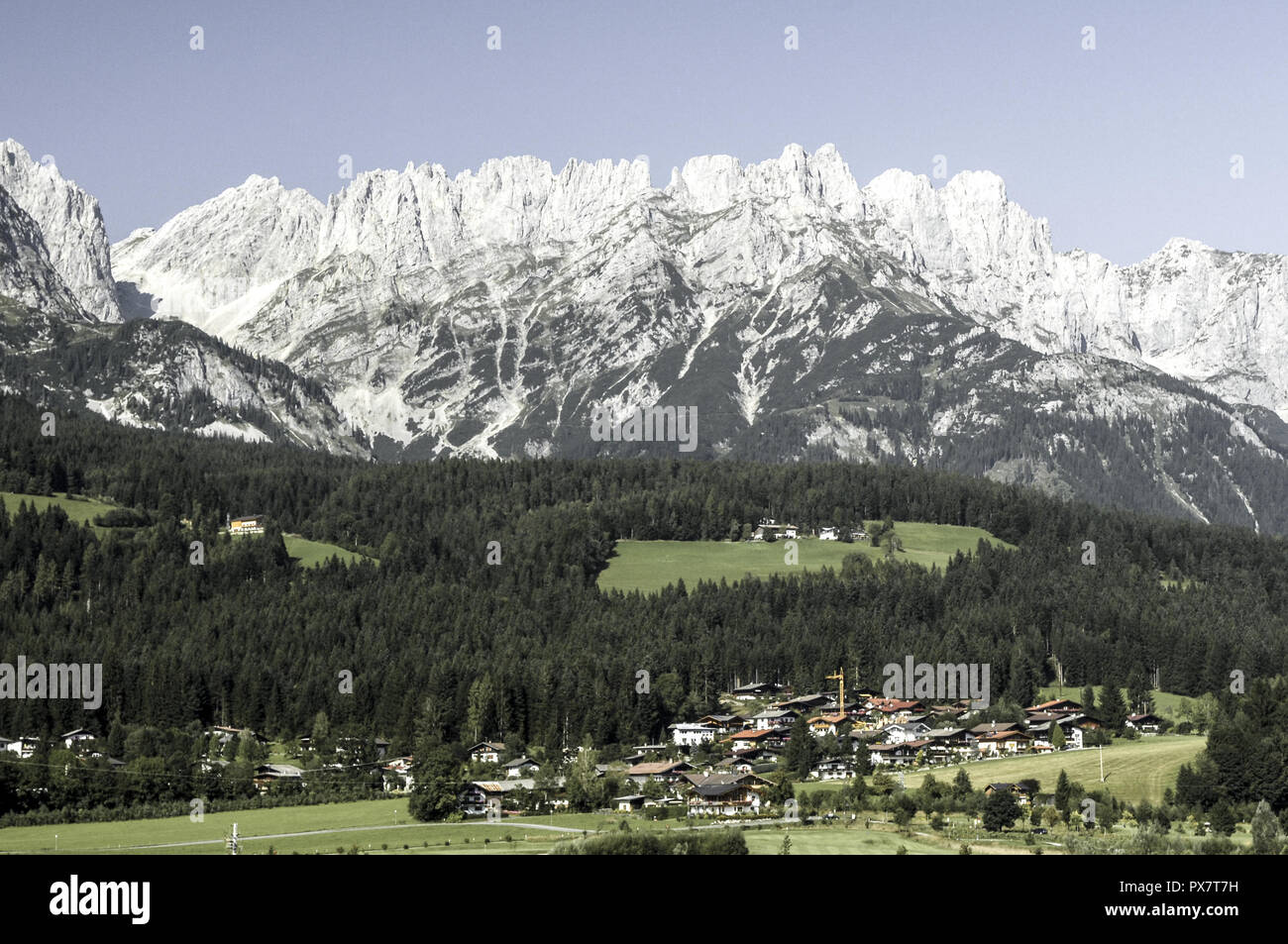 A village in the valley with view of the Alps, Austria, Tyrol Stock ...