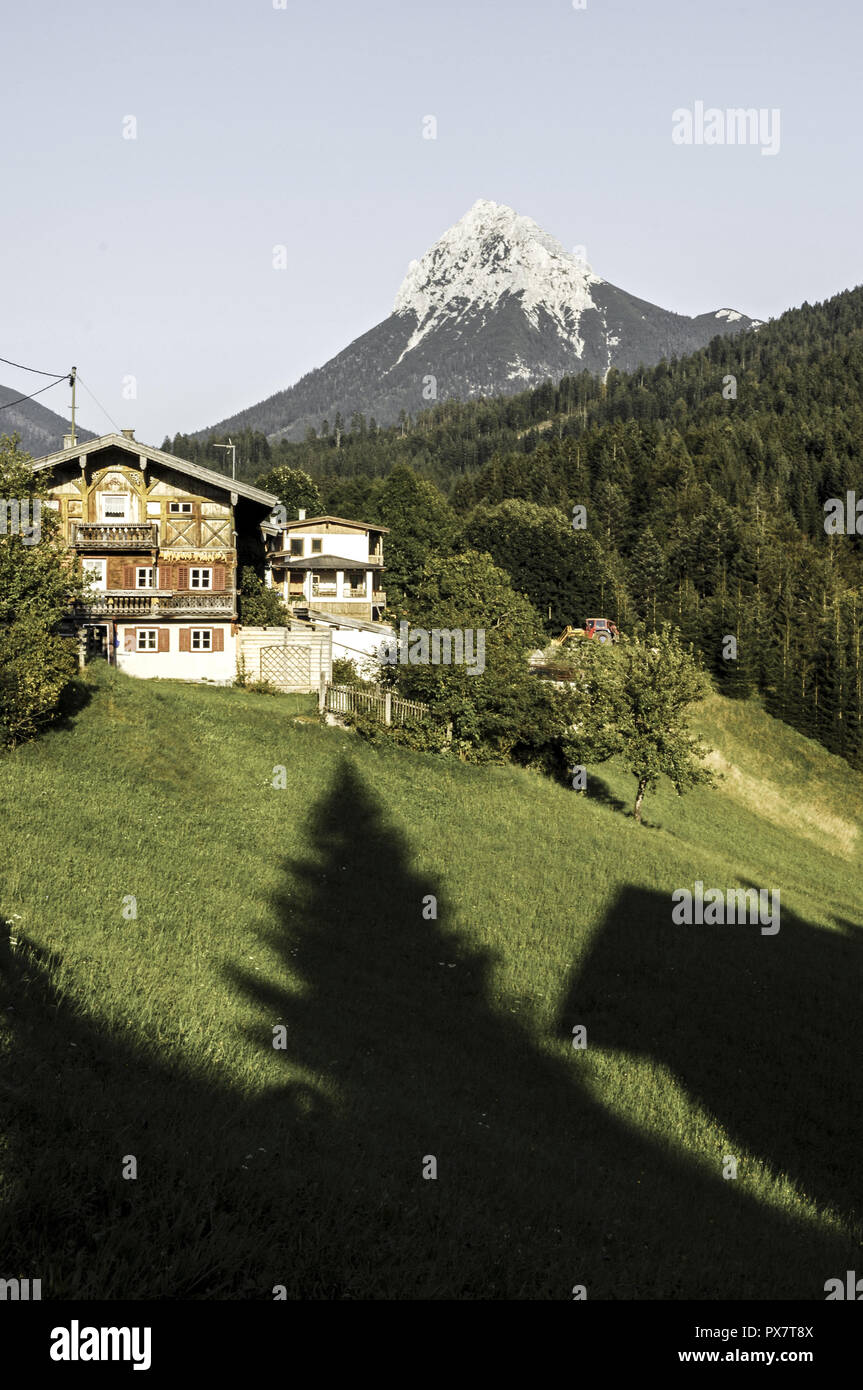 Traditional farmhouse with view on the Alps, Austria, Tyrol Stock Photo ...