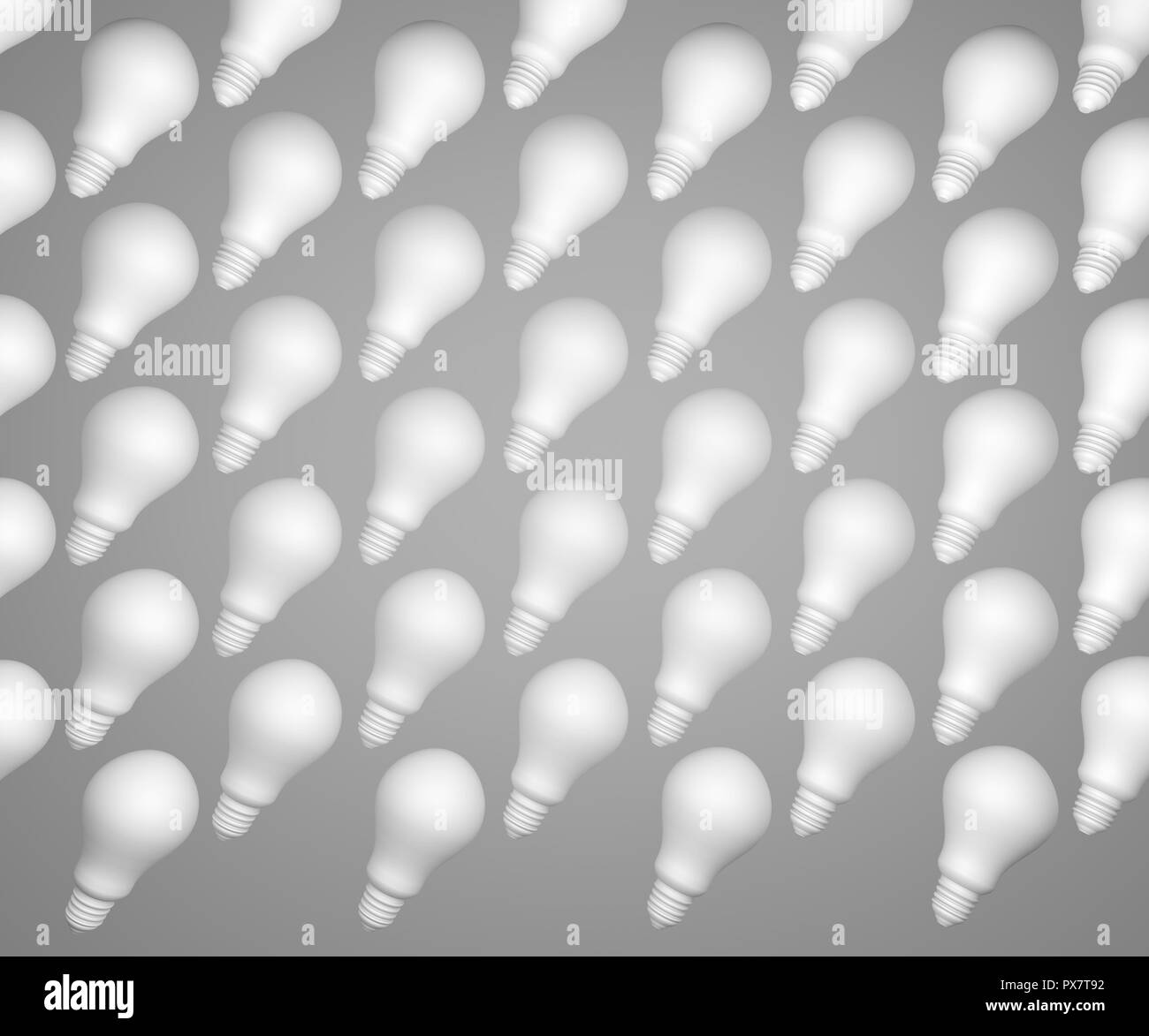Light bulb idea, 3d. Only one glowing light bulb in a row with other ...