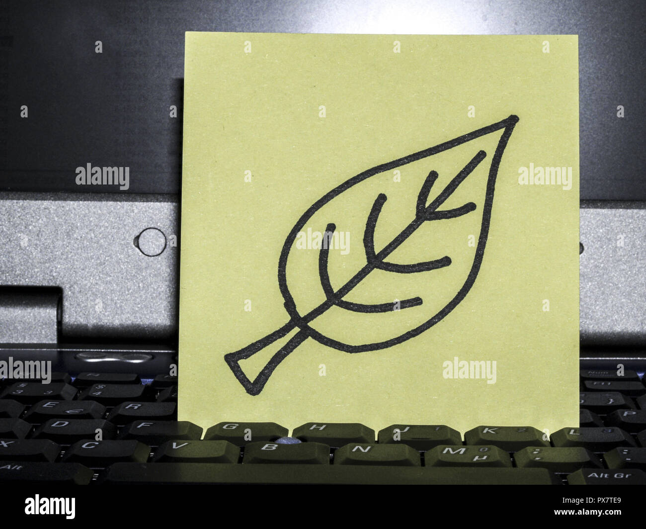 Memo note on notebook, leaf drawing Stock Photo - Alamy
