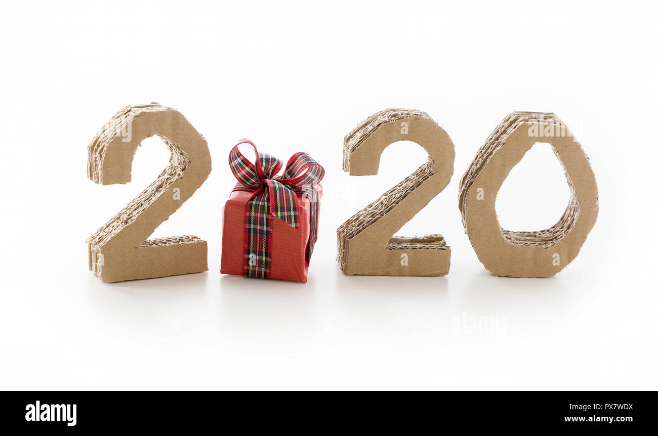 2020, handmade 3D numbers made of reused cardboard paper, with gift box ...