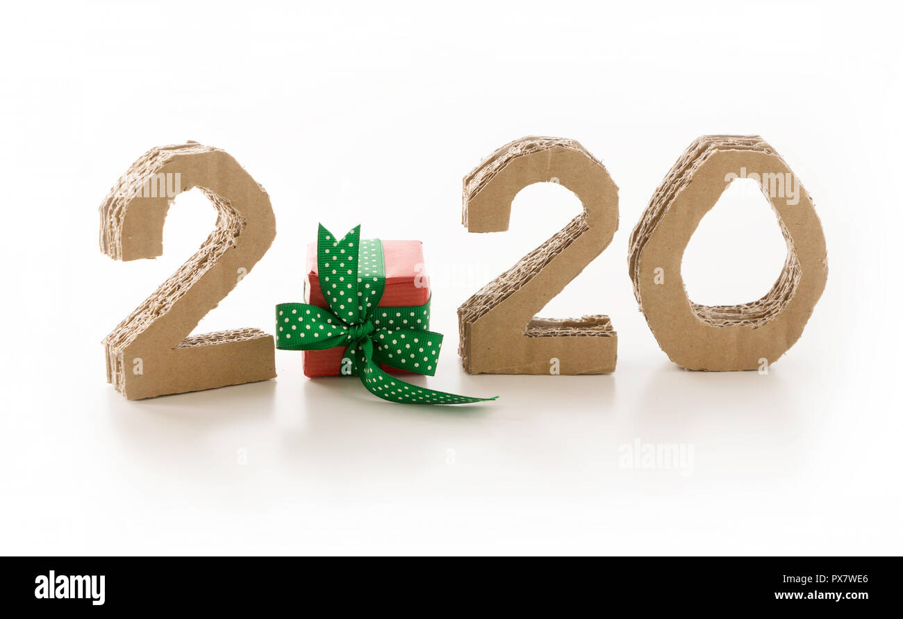 2020, handmade 3D numbers made of reused cardboard paper, with gift box ...