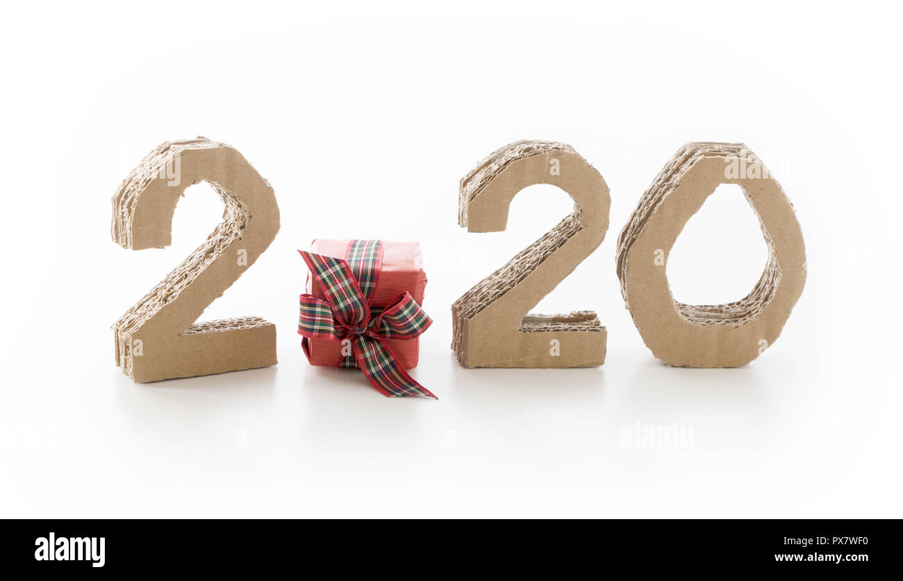 2020, handmade 3D numbers made of reused cardboard paper, with gift box ...