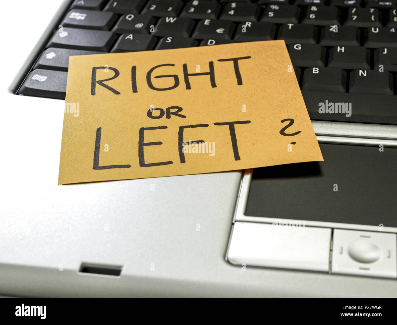 Memo note on notebook, right or left Stock Photo - Alamy