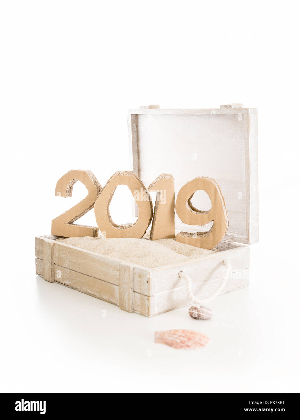 2019, handmade 3D numbers made of reused cardboard paper, in wooden ...