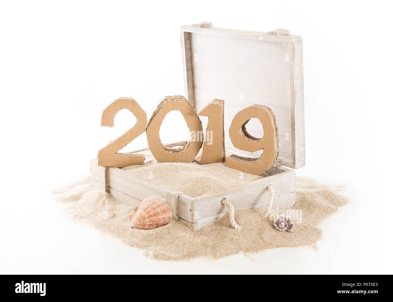 2019, handmade 3D numbers made of reused cardboard paper, in wooden ...