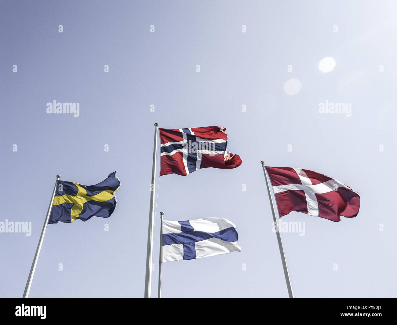 Flags of the nordic countries, Norway, Denmark, Sweden, Finland Stock ...