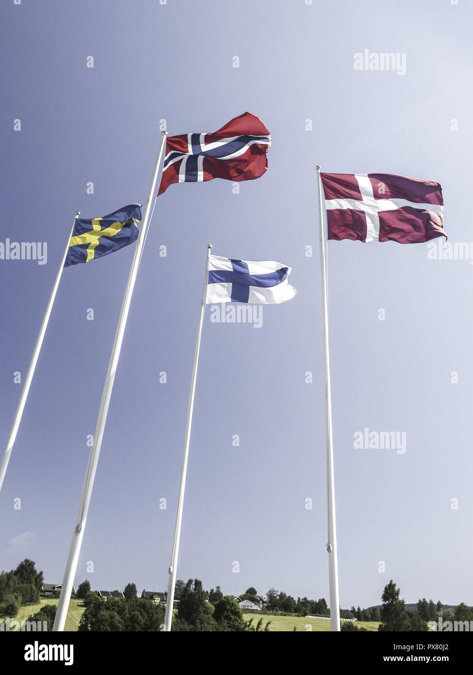 Flags of the nordic countries, Norway, Denmark, Sweden, Finland Stock ...