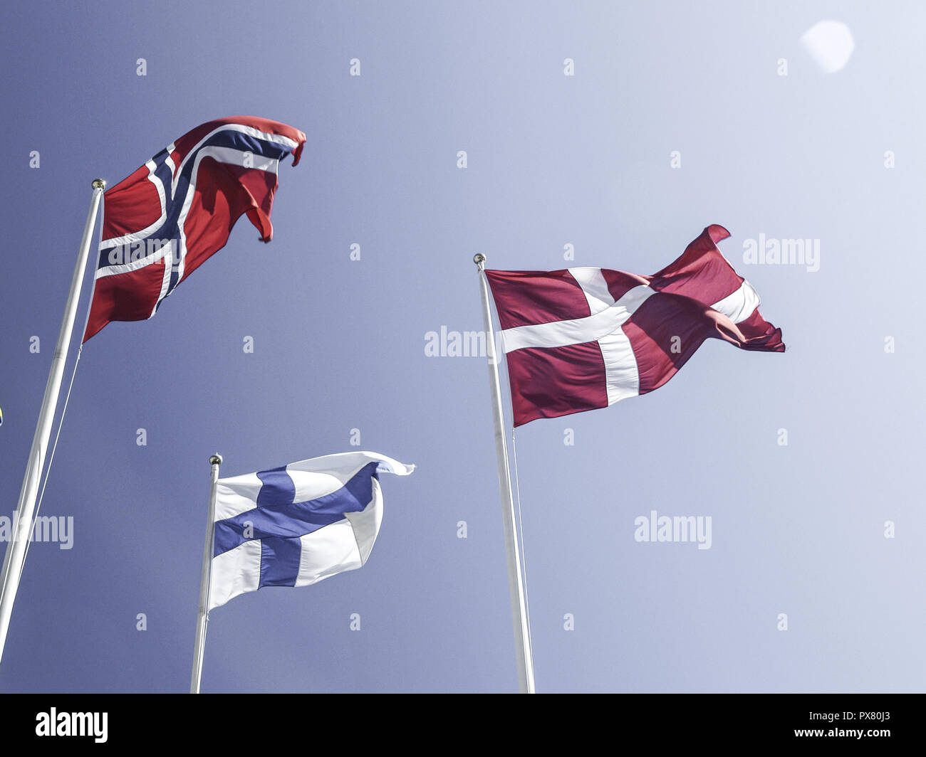 Flags of the nordic countries, Norway, Denmark, Finland, Sweden Stock ...
